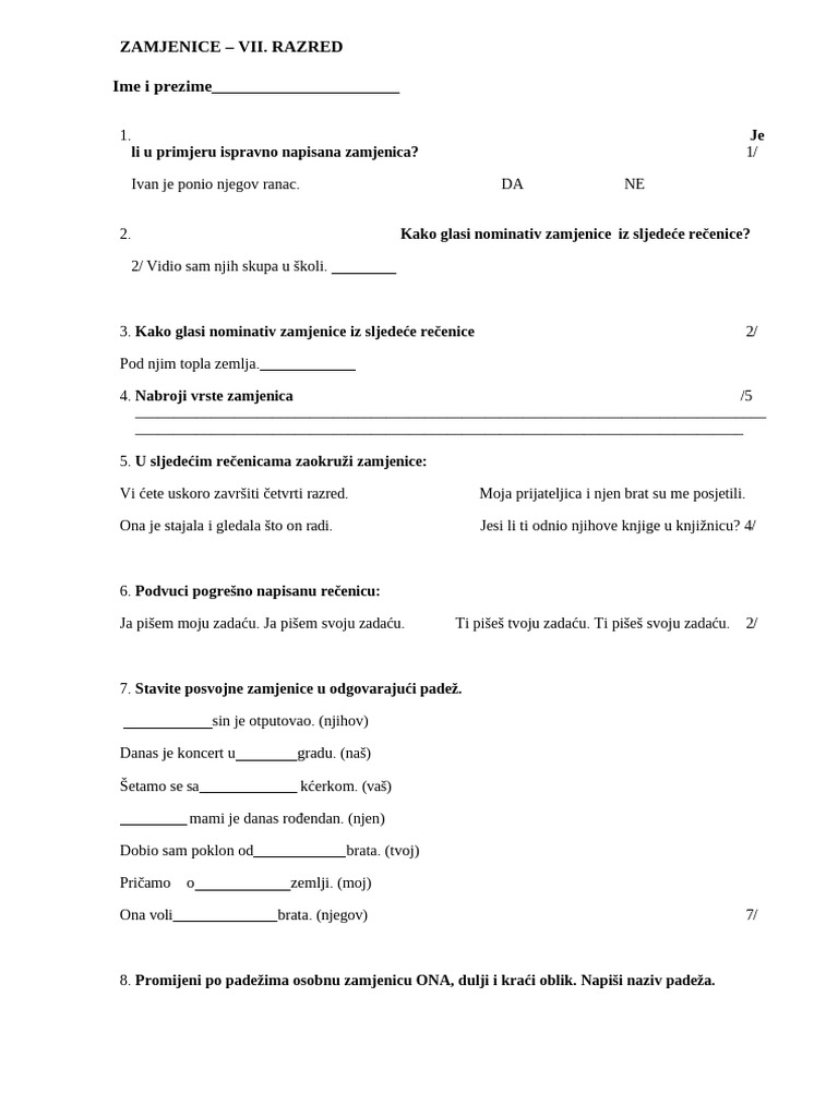 Zamjenice Provjera Znanja - Compress | PDF