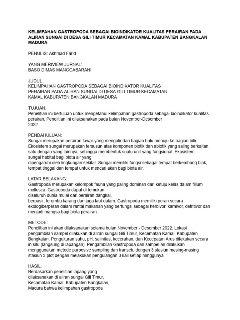 Kelimpahan Gastropoda Sebagai Bioindikator Kualitas Perairan Pada Aliran Sungai Di Desa Gili ...