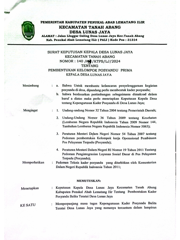 SK Posyandu Prima Lunas Jaya 2024 | PDF