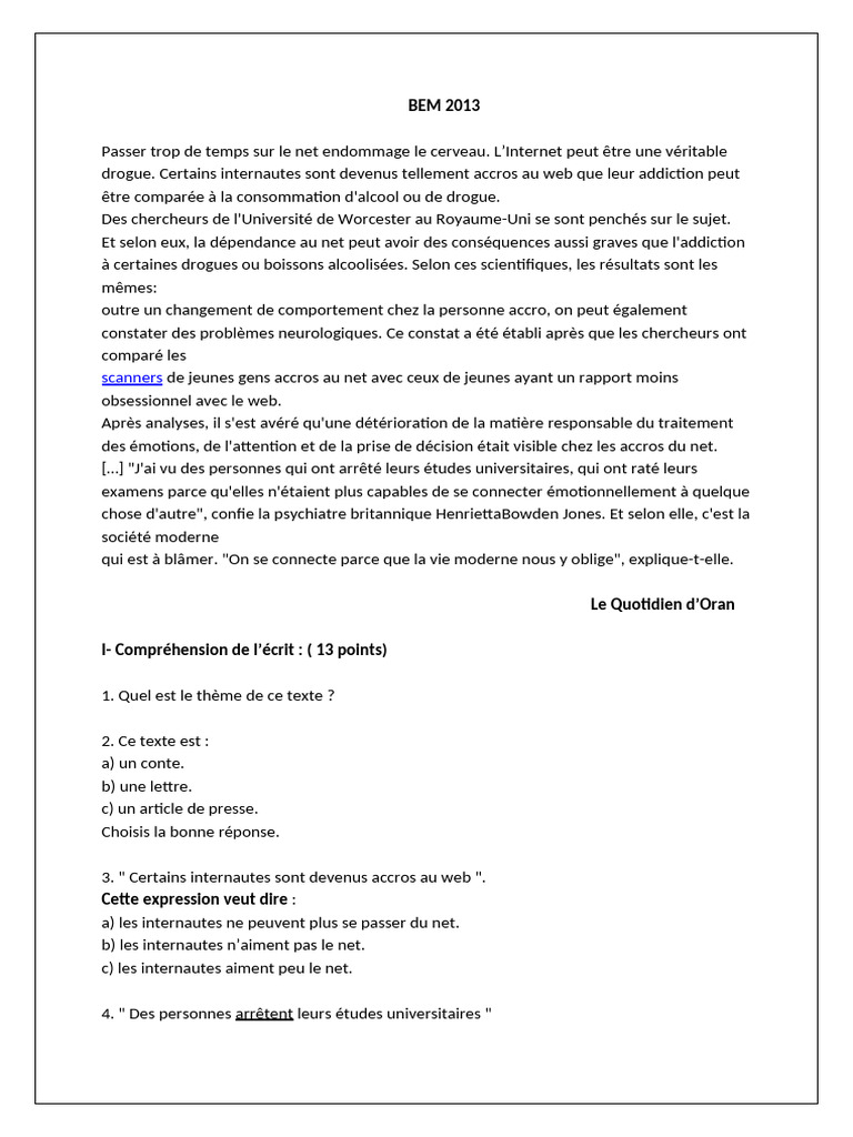 Sujets de BEM Word 2013 2014 2009 2016 | PDF