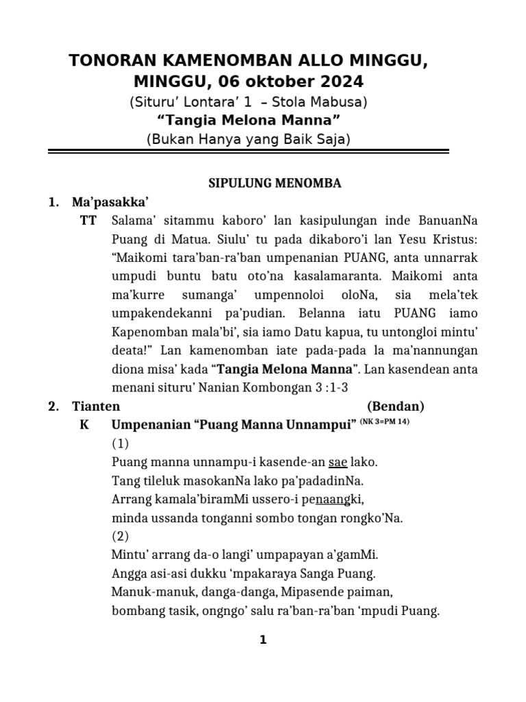 TATA IBADAH minggu 6 okt basa toraja | PDF
