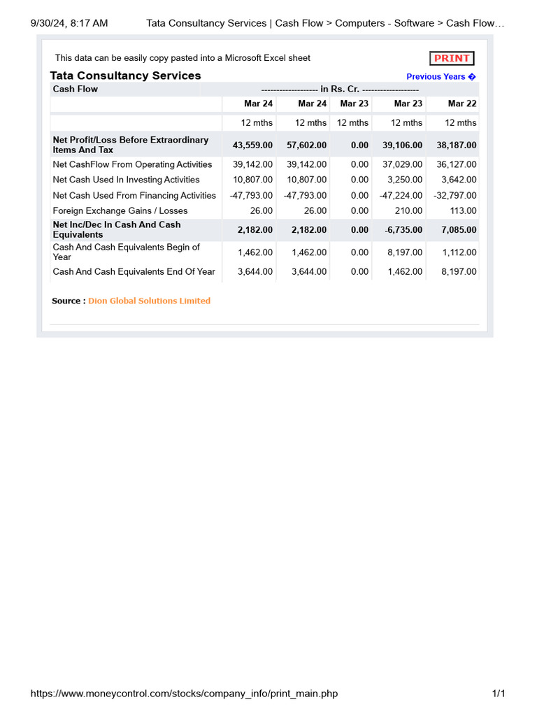 Tcs Cashflow Statement | PDF