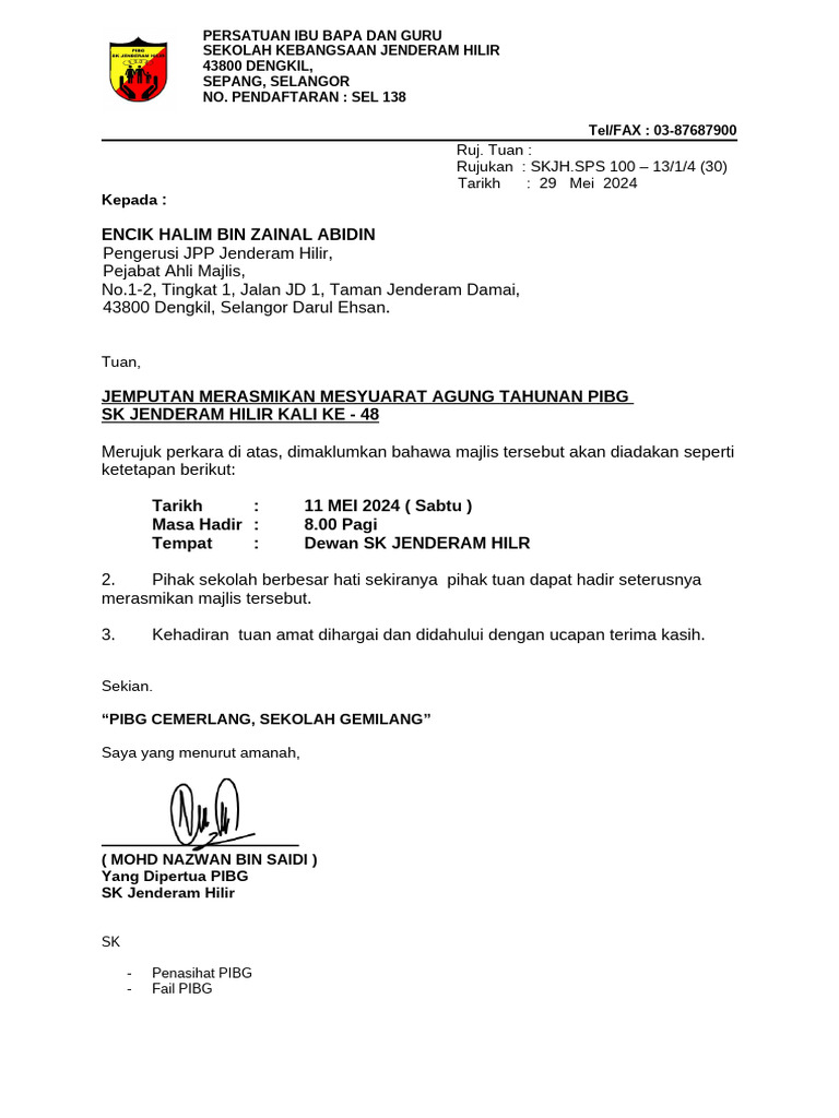 Jemputan PPD Utk Rasmi MAT PIBG Ke 48 | PDF