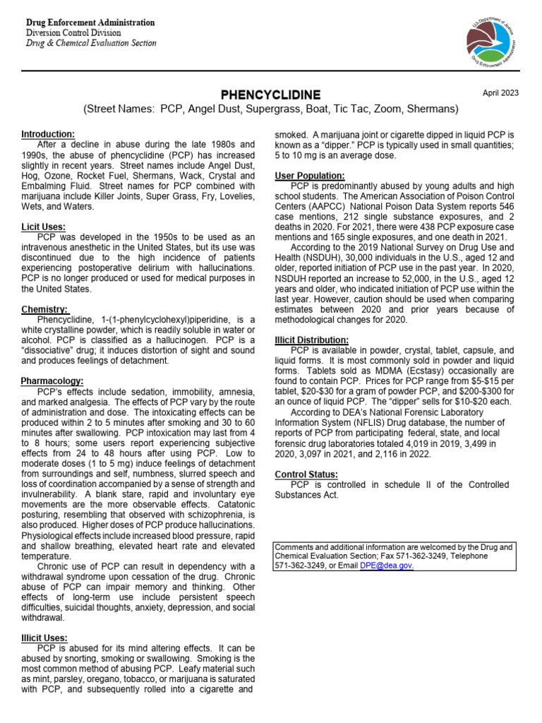 Phencyclidine: (Street Names: PCP, Angel Dust, Supergrass, Boat, Tic ...