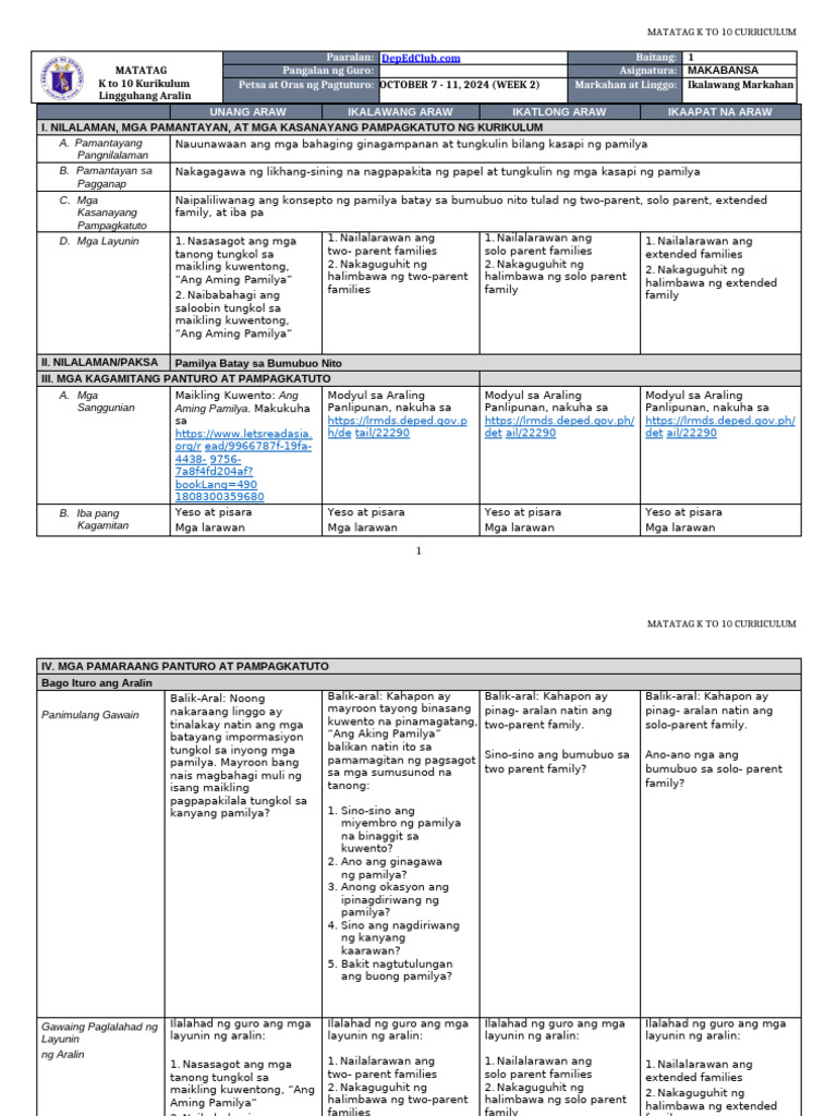 DLL Matatag Makabansa 1 q2 w2 | PDF