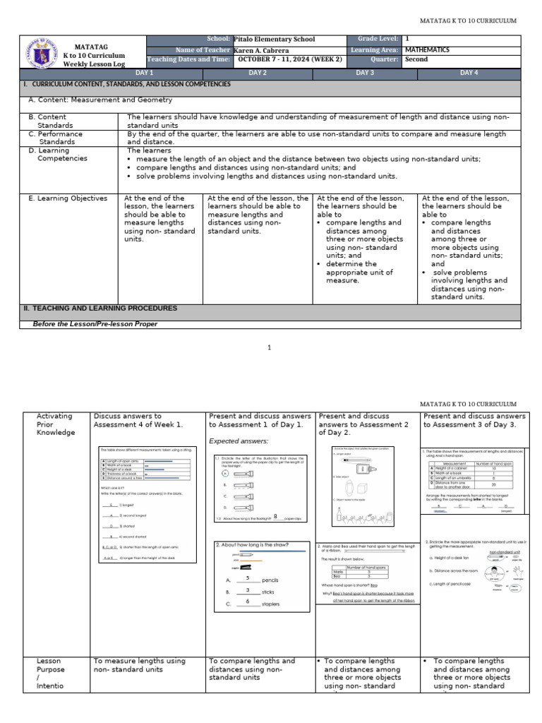 DLL Matatag - Mathematics 1 - Q2 - W2 | PDF
