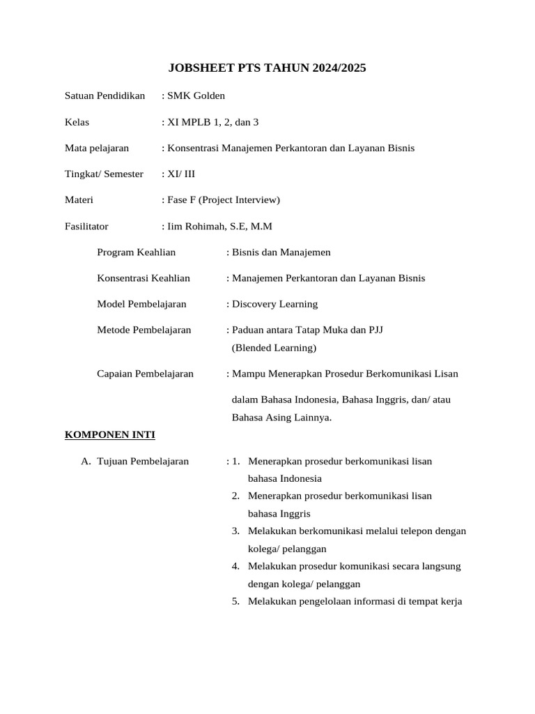Jobsheet PTS Xi MPLB | PDF
