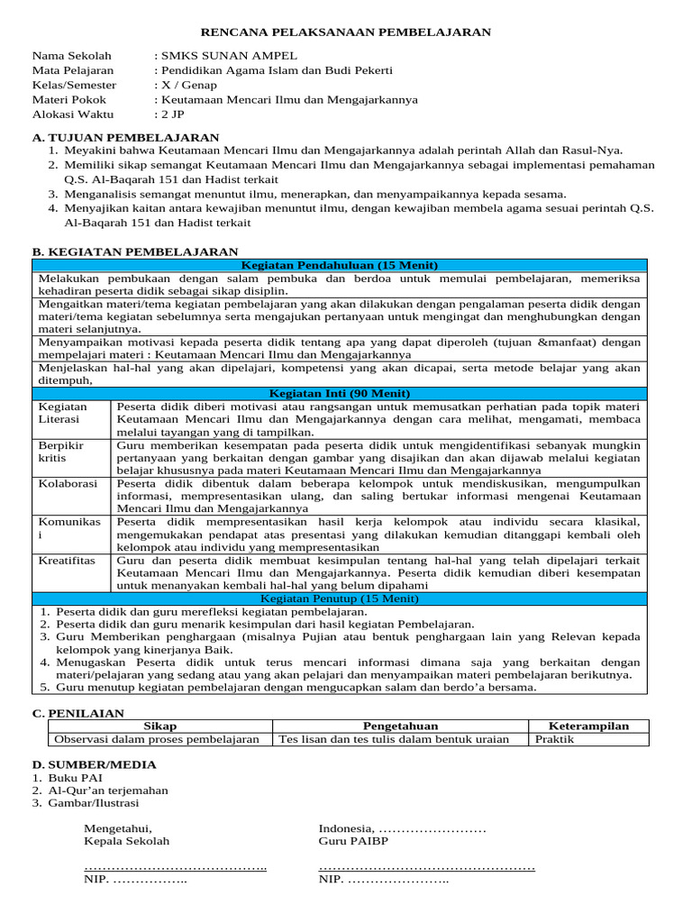 RPP 1 Lembar PAI Daring KELAS 6 Semester 1 | PDF