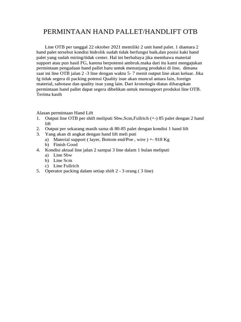 Permintaan Hand Pallet OTB Okt 2021 | PDF