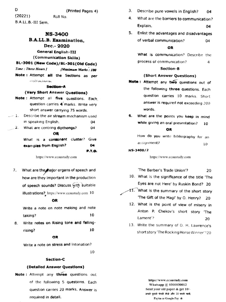 Ballb 3 Sem General English 3 Communication Skills Ns 3400 Dec 2020 | PDF