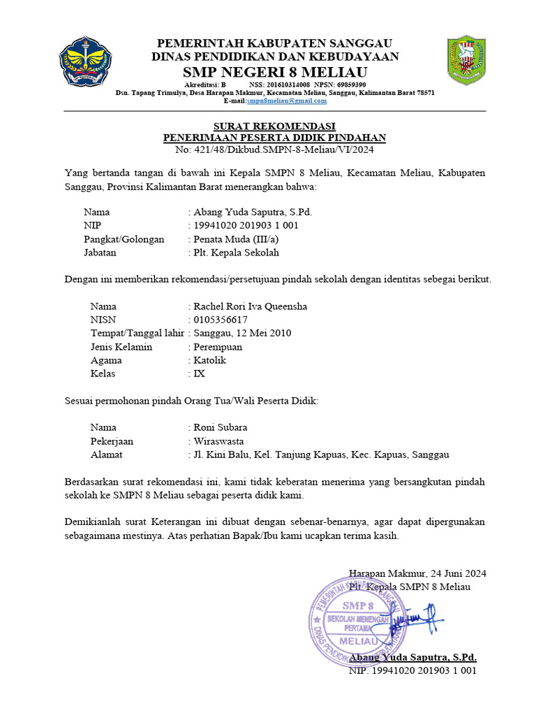 Format Surat Rekom Pindah Siswa Dari Sekolah Lain | PDF