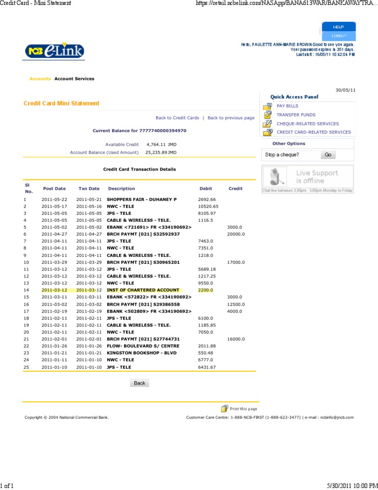 Credit Card - Mini Statement | PDF