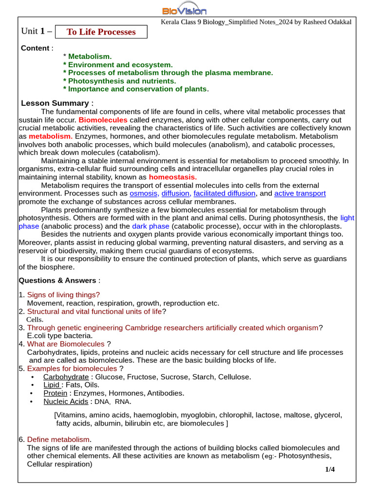 BIO-VISION Class 9 Biology Eng Med Units For First Term Evaluation Units 1&2 | PDF