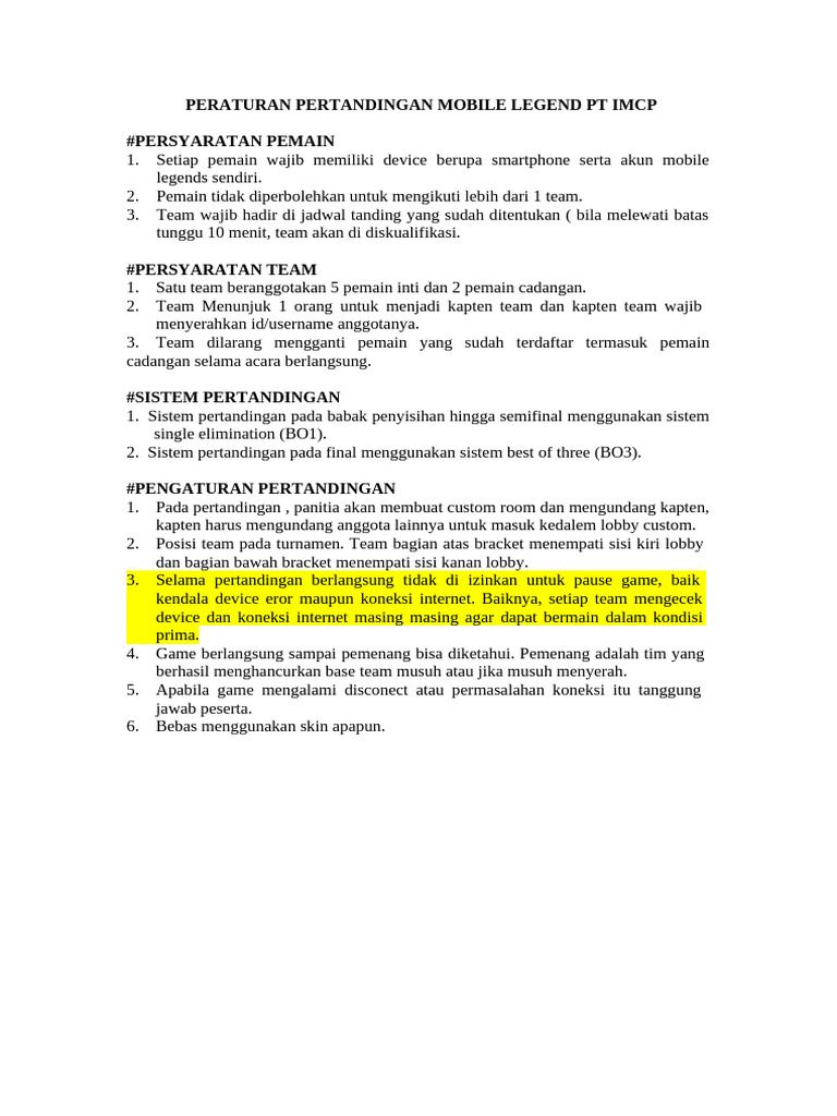 Peraturan Pertandingan Mobile Legend | PDF