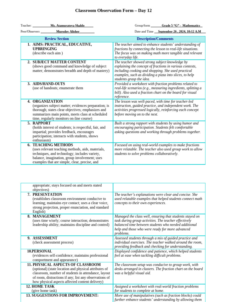 Classroom Observation Form - Day 12 | PDF