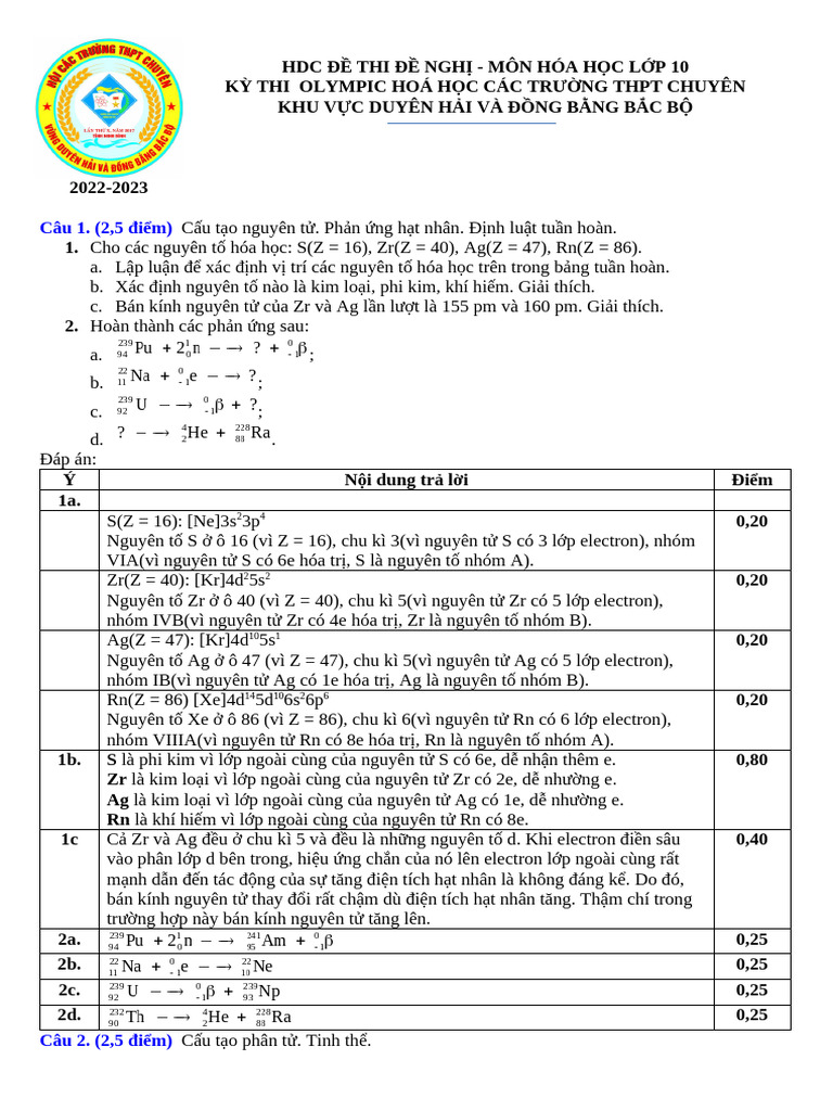 2023 - THPT Chuyen LQD Quang Tri - Hoa 10 - Dap An | PDF