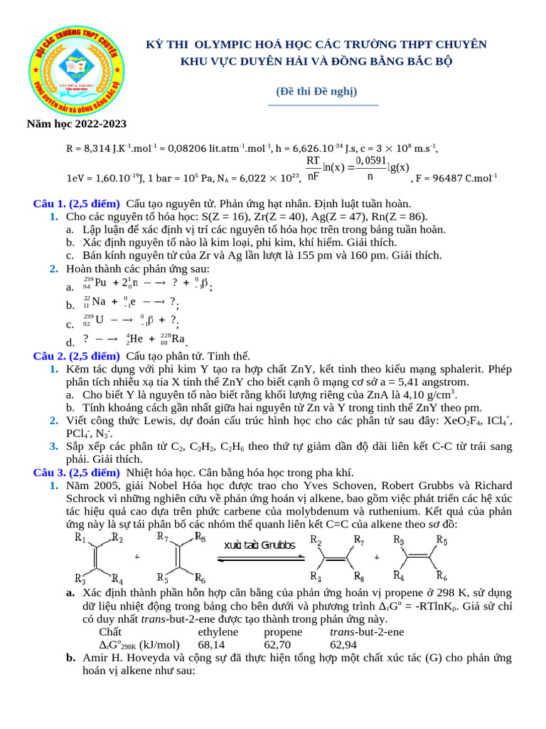 2023 - THPT Chuyen LQD Quang Tri - Hoa 10 - de Thi de Nghi | PDF