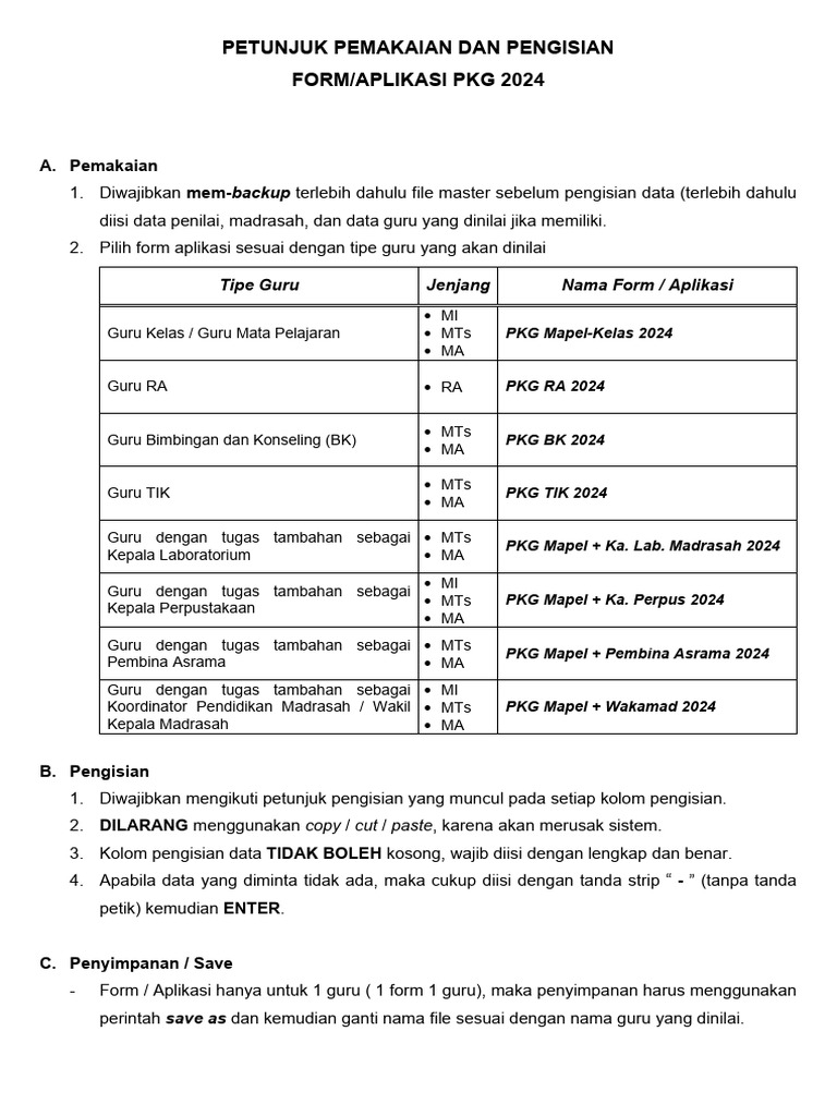 Petunjuk Pemakaian & Pengisian Aplikasi PKG 2024 | PDF