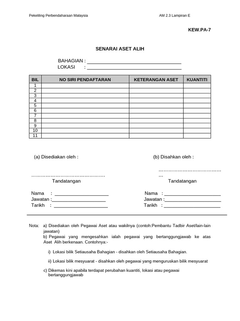 Kew - Pa-7 Borang Senarai Aset Alih | PDF
