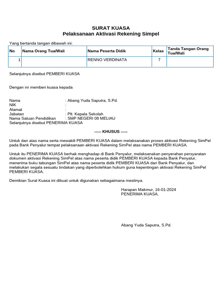 CONTOH Surat Kuasa Pelaksanaan Aktivasi Rekening Simple Tahun 2023 | PDF