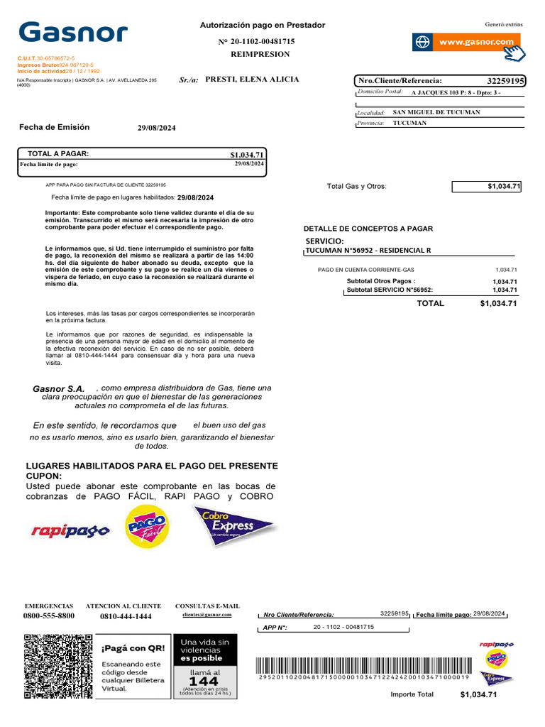 Gasnor Factura y Pago Tucumán | PDF