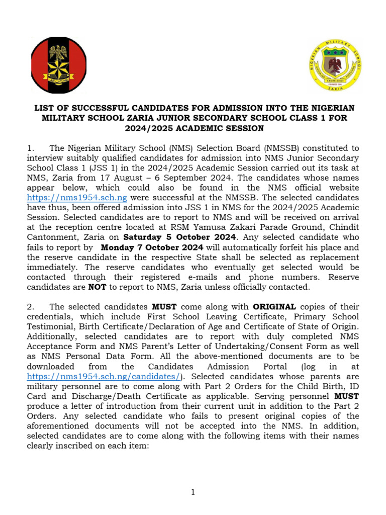 NMS 2024 2025 Admission List | PDF