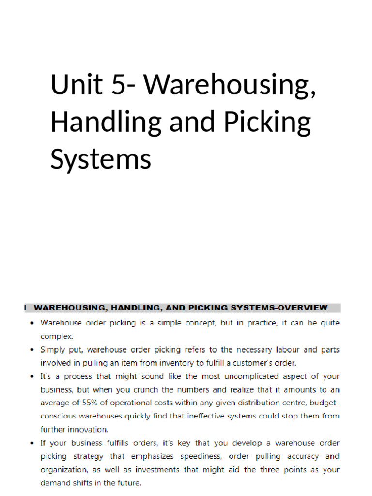 Unit 5-Warehousing, Handling and Picking System | PDF