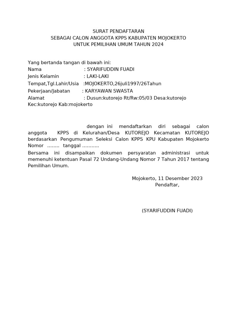 SURAT PENDAFTARAN CALON KPPS 2 | PDF