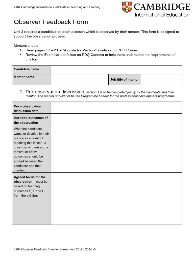 Module 1 Unit 2 Observer Feedback Form (Andria) | PDF