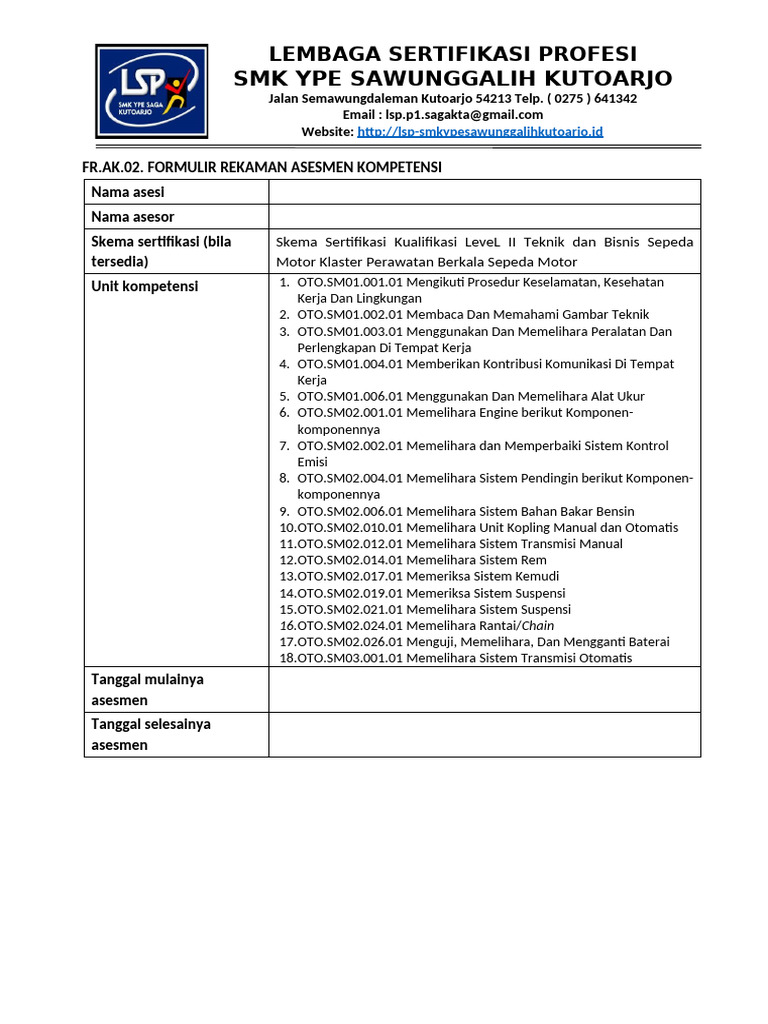 FR - Ak.02. Formulir Rekaman Asesmen Kompetensi | PDF | Komputer | Teknologi & Rekayasa