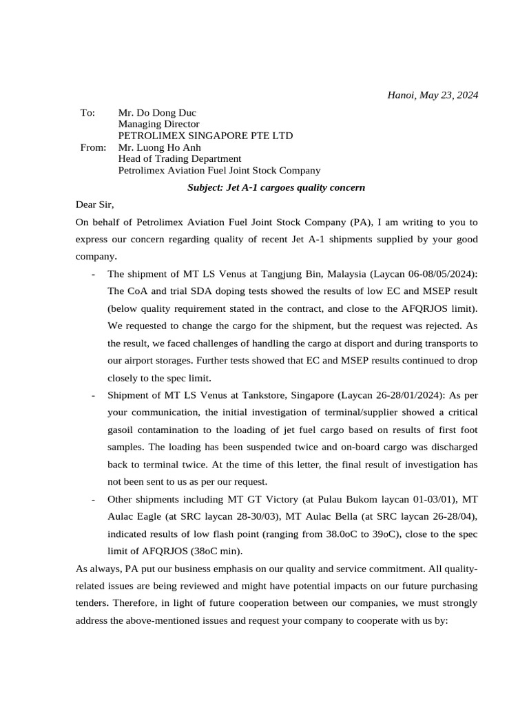 Letter To PLS - Quality Concern | PDF