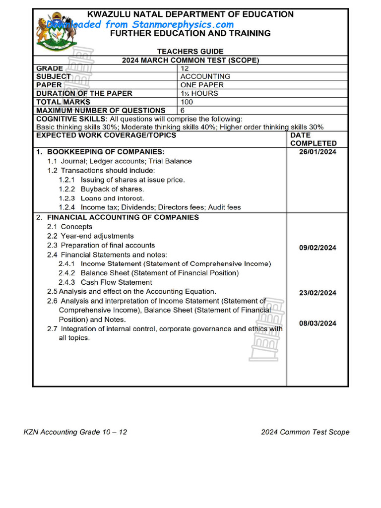 KZN Grade 12 Accounting Test Scope 2024 | PDF | Accounting | Technology ...