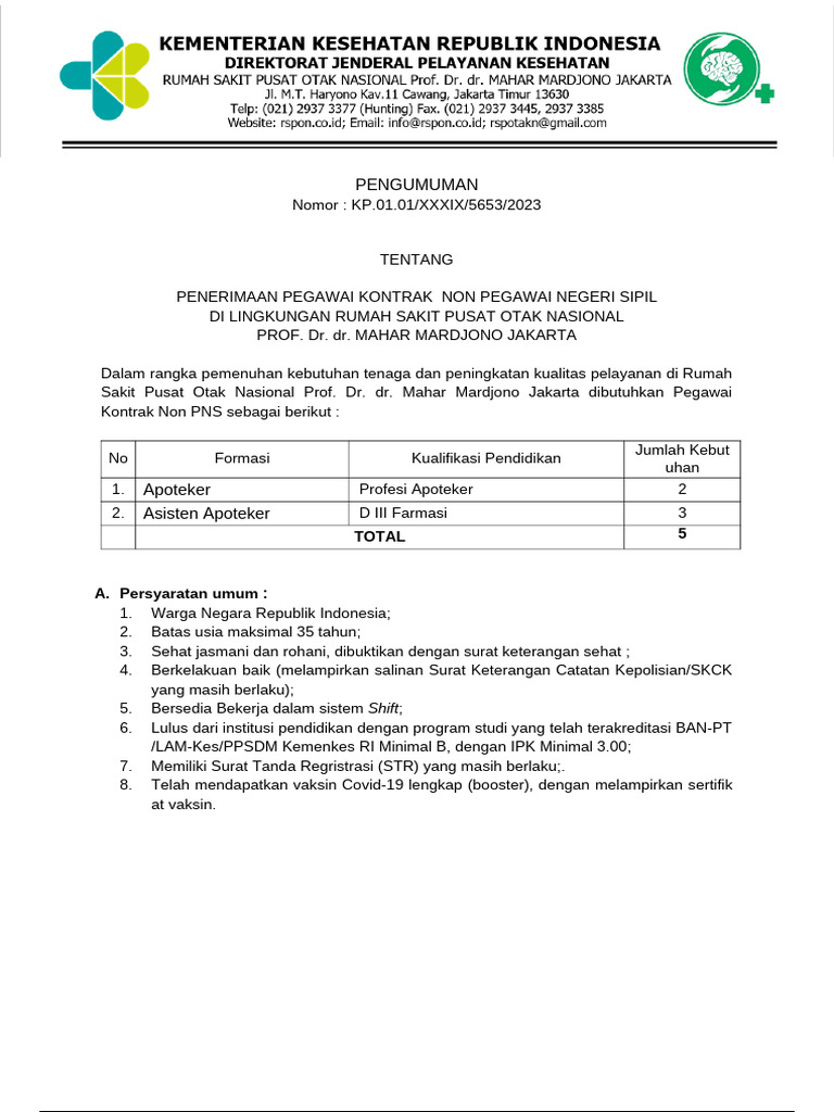 Pengumuman Tentang Penerimaan Pegawai Kontrak Non Pegawai Negeri Sipil ...