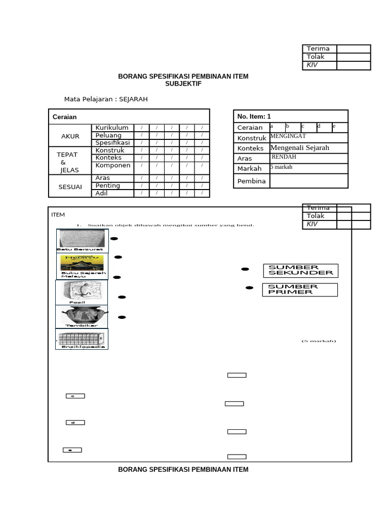 Borang Spesifikasi Pembinaan Item Subjektif | PDF