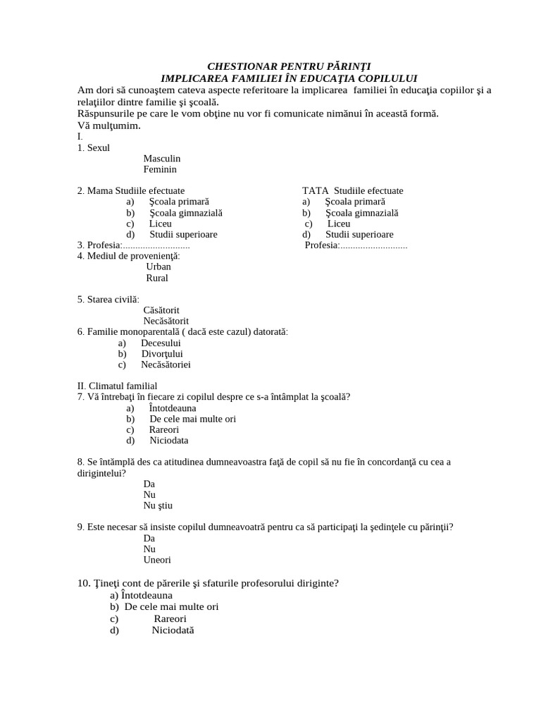 Chestionar Pentru Parinti Implicarea Fam | PDF