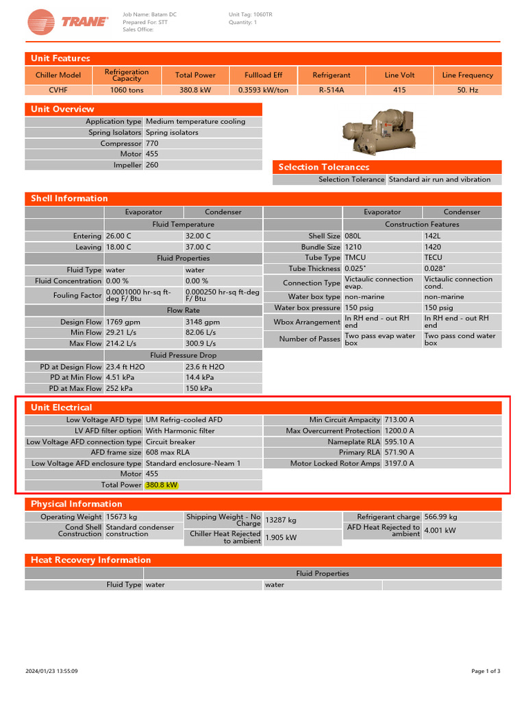 Trane Chiller - CCTV - 1060TR - Product Report 1 | PDF