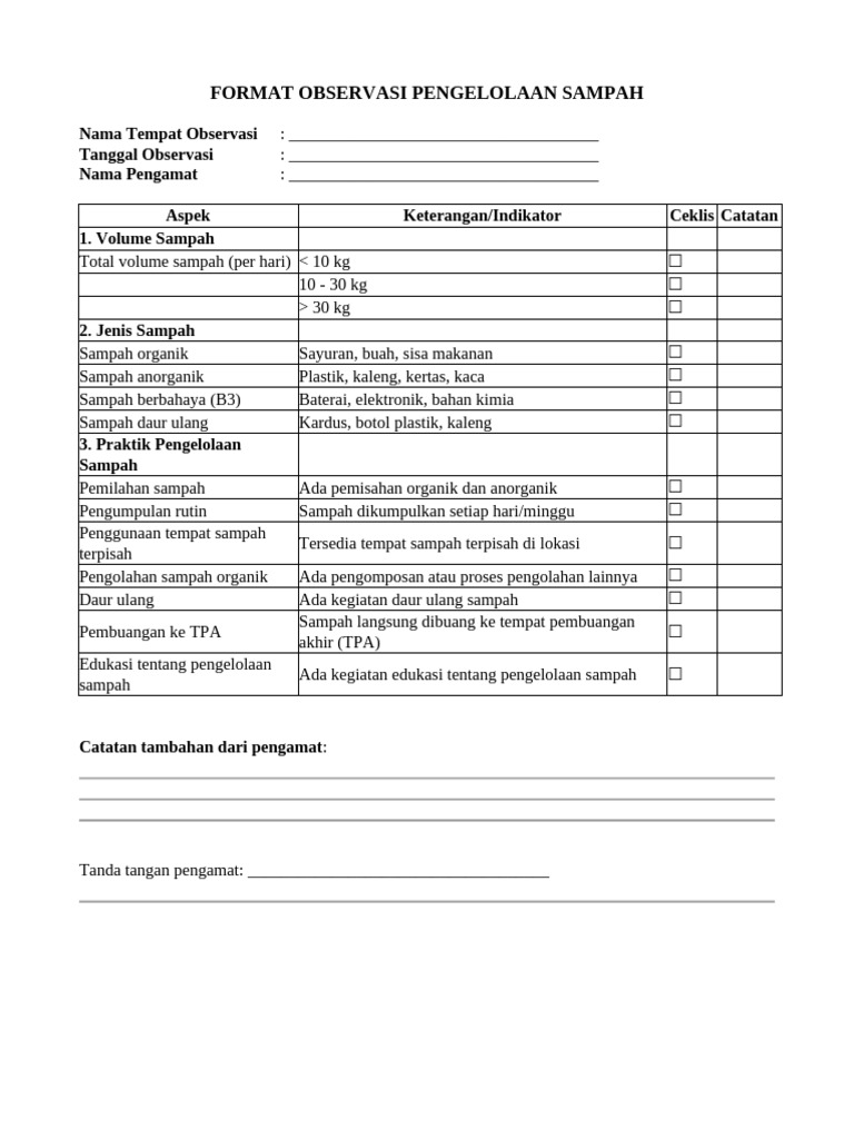 Format Observasi Pengelolaan Sampah | PDF