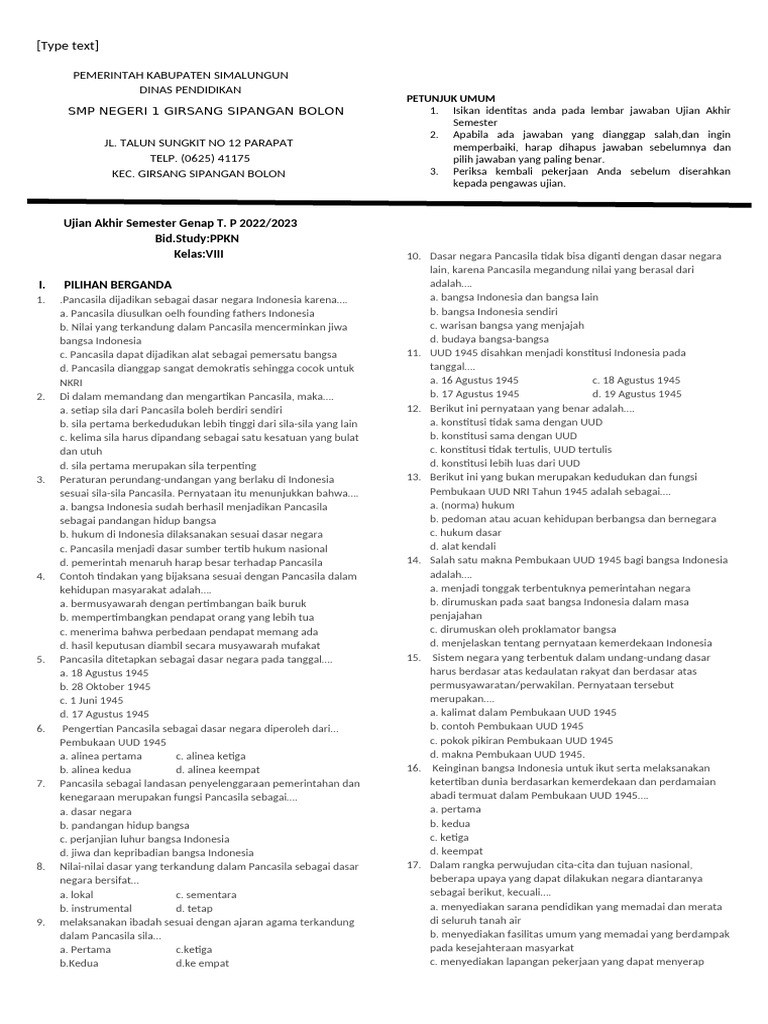 SOAL PPKN KELAS VIII SEMESTER GENAP TP 2022 2023 | PDF