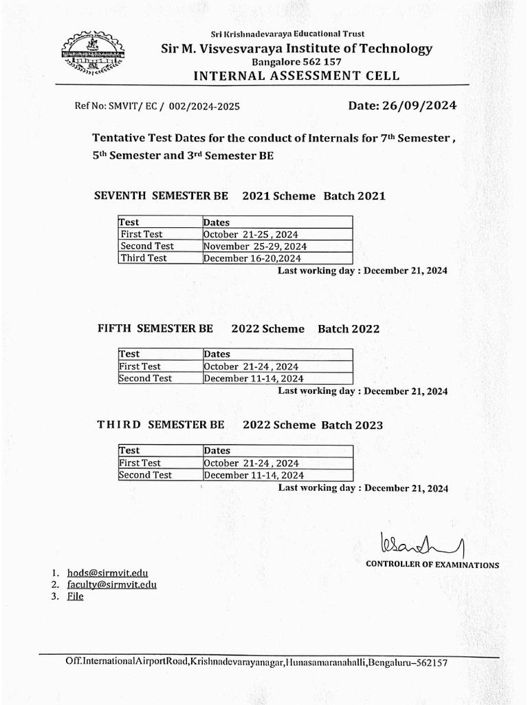 Tentative Test Dates For 3rd, 5th & 7th Sem For 2024-25 | PDF