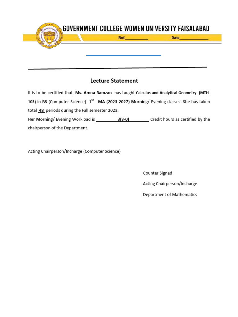 Lecture Statement: Ms. Amna Ramzan BS 1 MA (2023-2027) Morning 48 ...