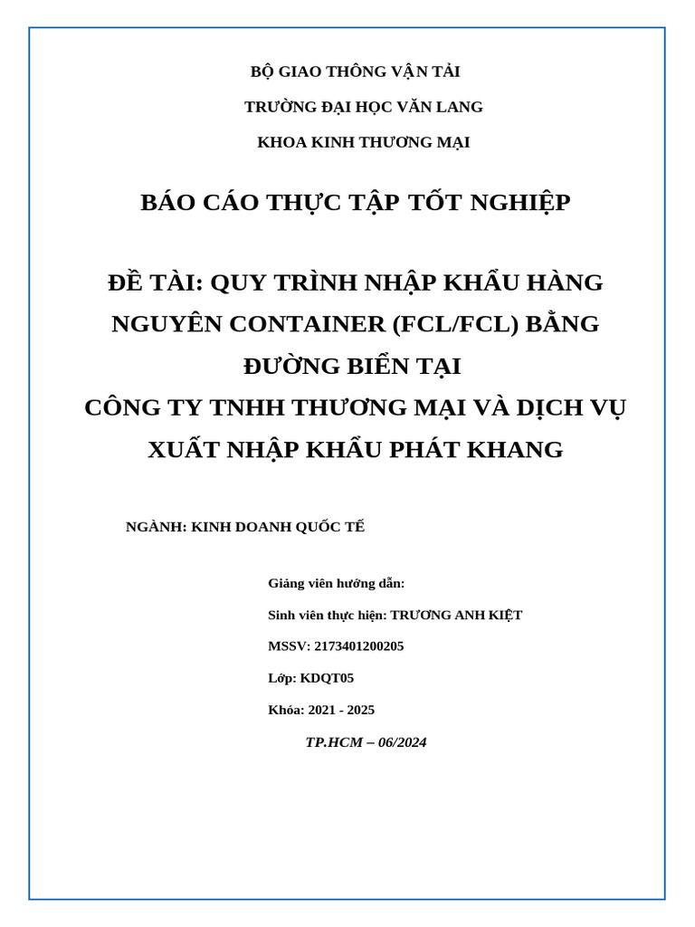 Bctt Trương Anh Kiệt (Nhập Khẩu Bằng Đường Biển Fcl) | PDF