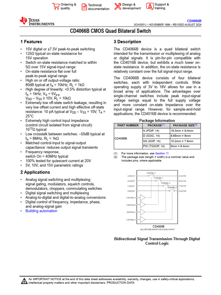 CD4066B CMOS Quad Bilateral Switch: 1 Features 3 Description | PDF
