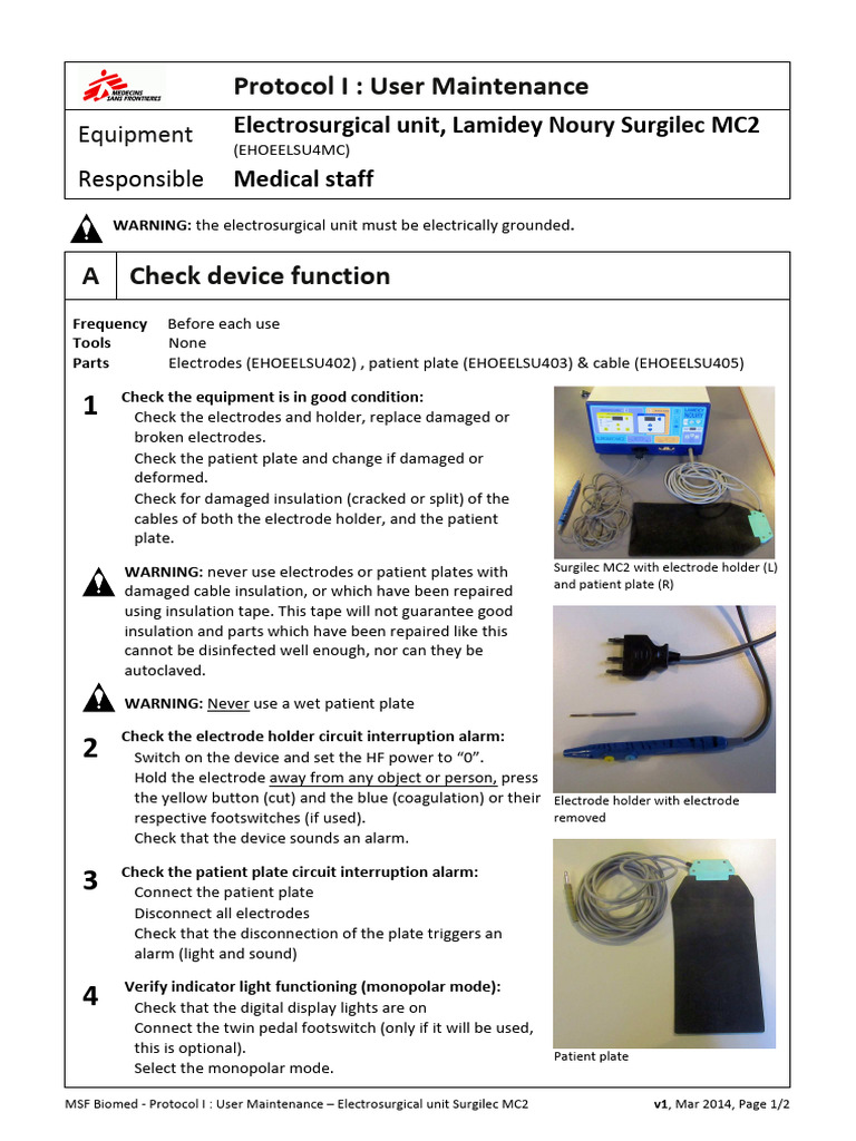 Protocol I User Maintenance - Electrosurgical Unit Surgilec MC2 - OCP | PDF