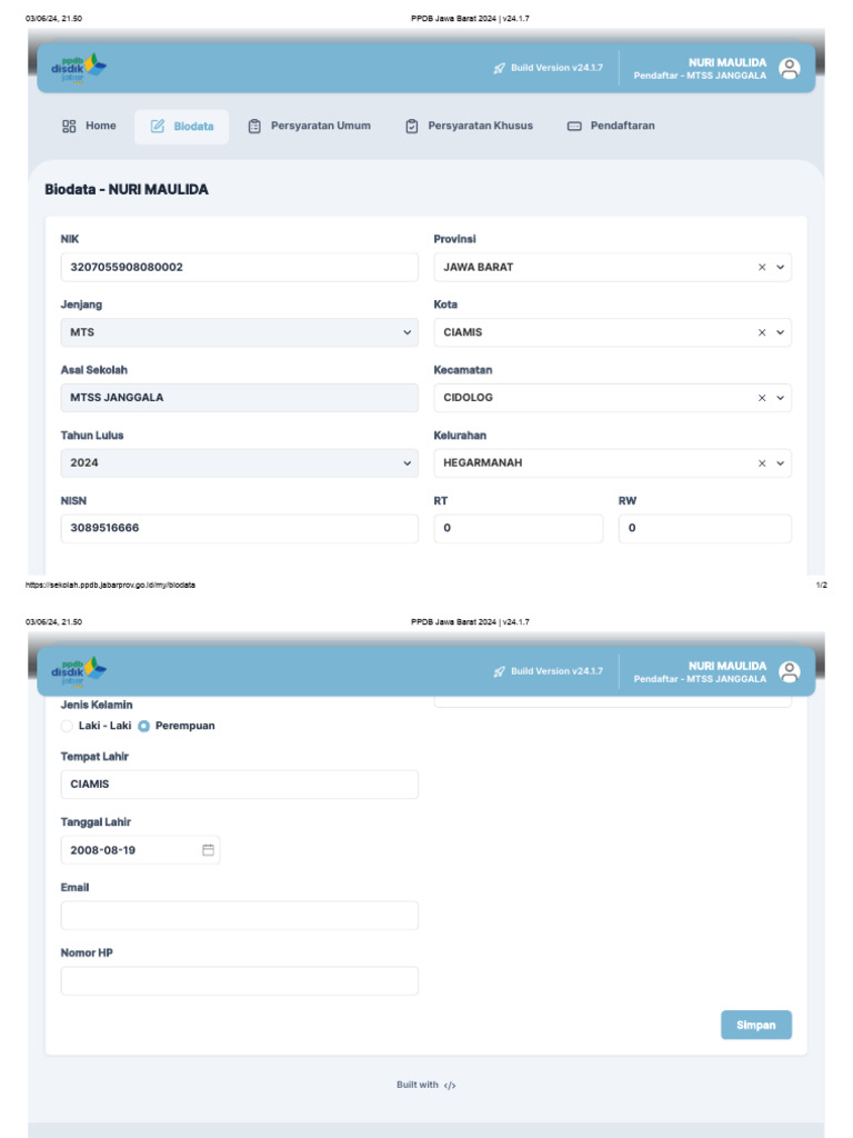 Form Pendaftaran - Hal Biodata | PDF