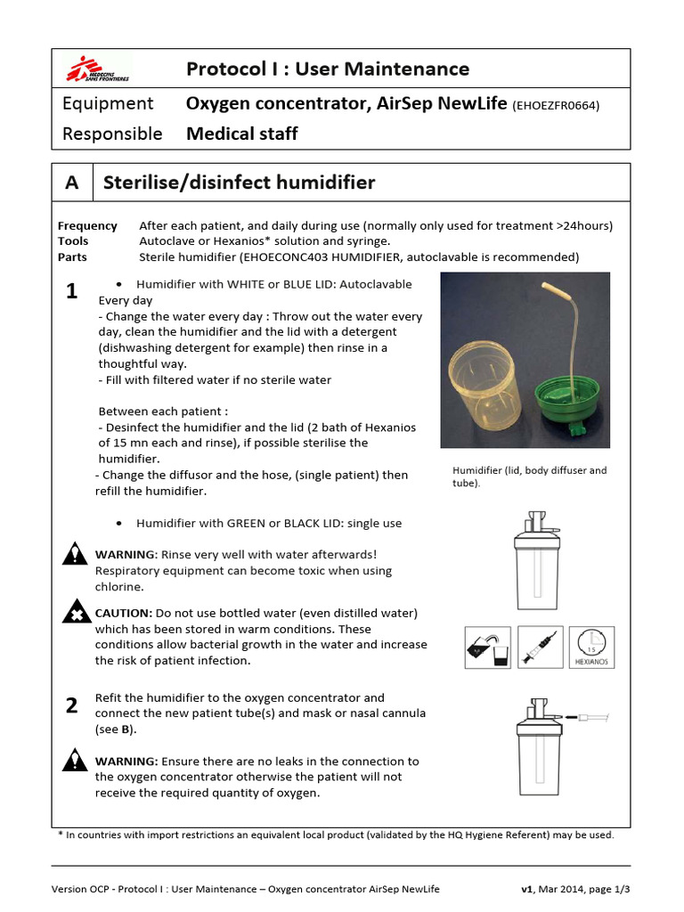 Protocol I User Maintenance - Oxygen Concentrator AirSep NewLife -OCP | PDF