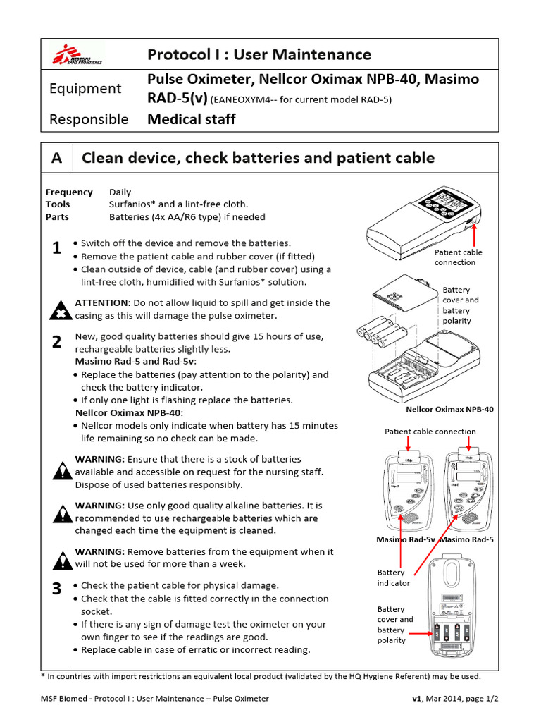 Protocol I User Maintenance - Pulse Oximeter Nellcor or Masimo - OCP | PDF