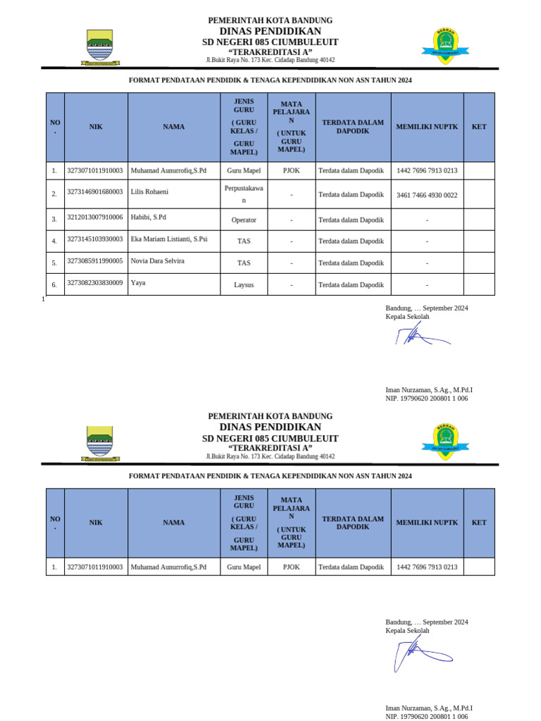 Format Pendataan PTK Non Asn 2024 | PDF