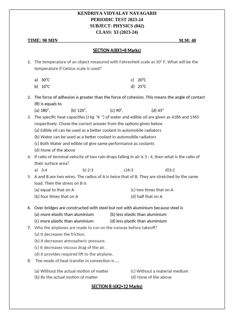 Class Xi-Physics - PT2-2024 KVN | PDF