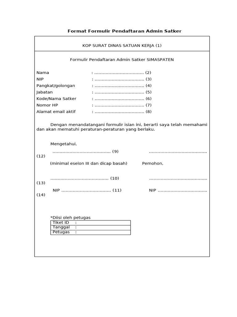 Format Formulir Pendaftaran Admin Satker | PDF