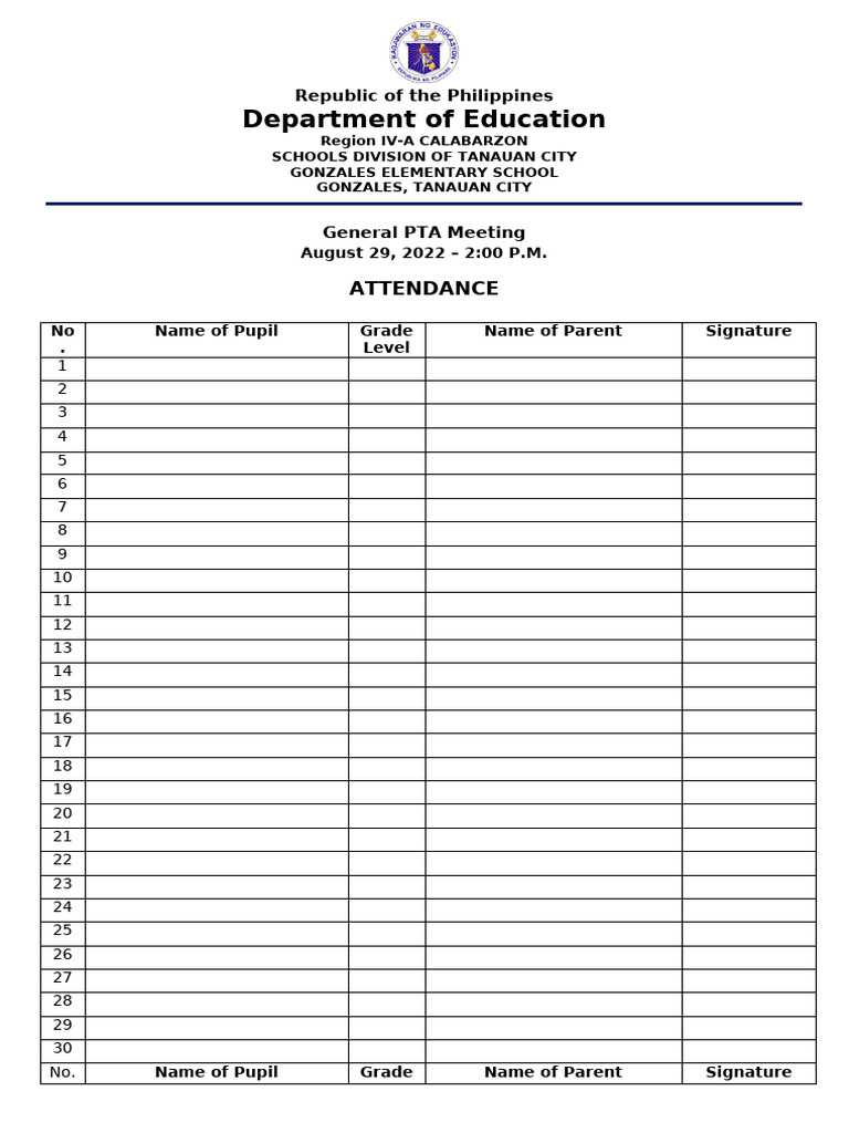 Attendance - General PTA Meeting 2024-2025 | PDF